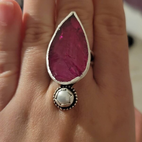 Rough Ruby Ring-sterling Silver Ruby Pearl Ring-dark Red Teardrop Ruby Ring-july Birthstone ...