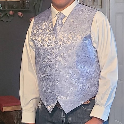 Light Blue Paisley Men's Vest Longtie and Pocket Square 3pcs Set for ...