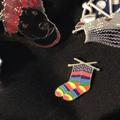 Sock Knitting Pin Enamel Pins Self Striping Yarn Hand Knit Toe up Cuff ...