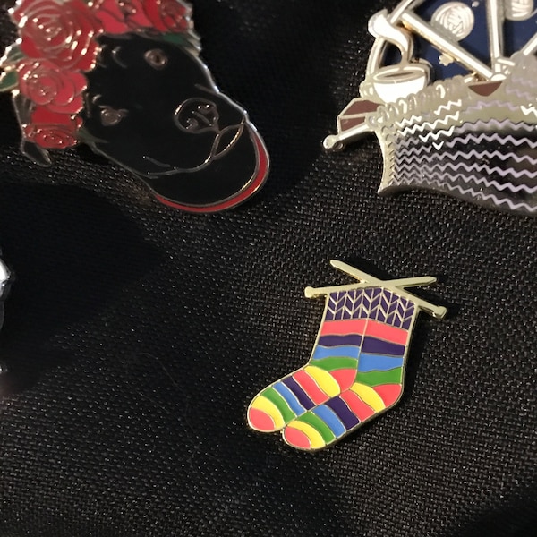 Sock Knitting Pin Enamel Pins Self Striping Yarn Hand Knit Toe up Cuff ...
