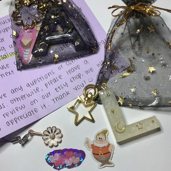 White Galaxy Keychain, Moon Stars, Initial Letter Resin Keychain ...