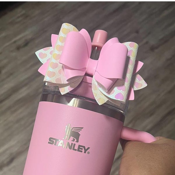 Ribbon Rosa Stanley Tumbler Bow Straw Topper Pink Roses Stanley Cup Bow ...