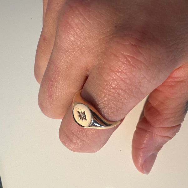 14k Solid Gold North Star Signet Ring, Real Gold Compass Ring, Handmade ...