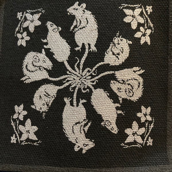 Rat King- Silver Screen Print Fabric Patch 8x8cm- Goth, Rat Lover Gift ...