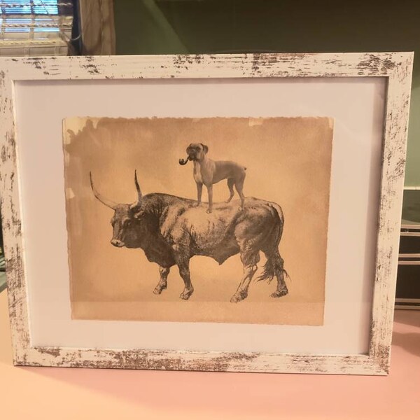 Boxer Dog Riding Bull Vintage Collage Art Print on Tea Stained Paper ...