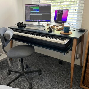 PIANO DRAWER Desk With Wooden Legs and Dark Brown Laminated Plywood Top ...