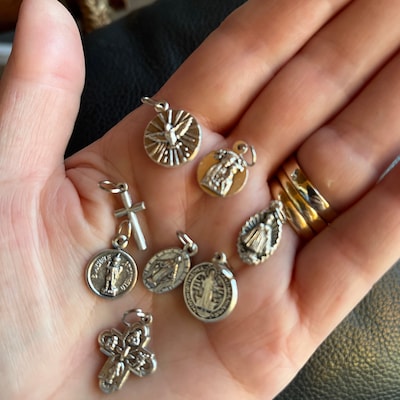 8 SILVER Holy Medals Charms / Miraculous Medal / Saint Benedict St ...