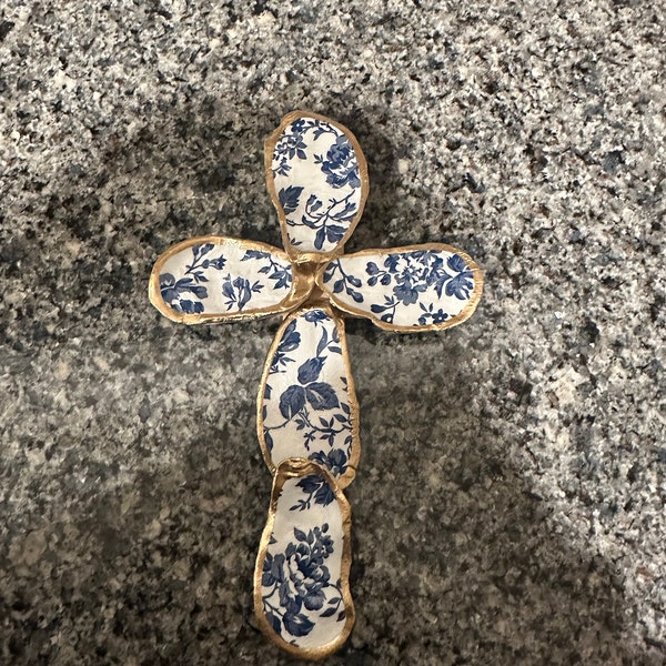 Oyster Shell Cross for Home Blue and White Floral Oyster Shell Wall Art ...