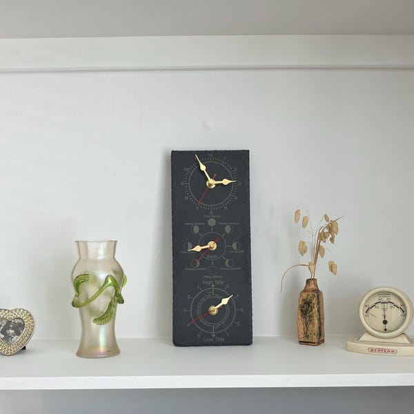 Laser Engraved Time, Tide and Moon Phase SLATE WALL CLOCK 30cm X 12cm ...