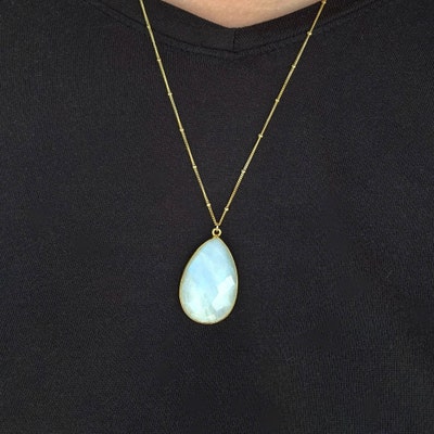 Large Moonstone Pendant, Rainbow Moonstone Necklace, Moonstone Teardrop ...