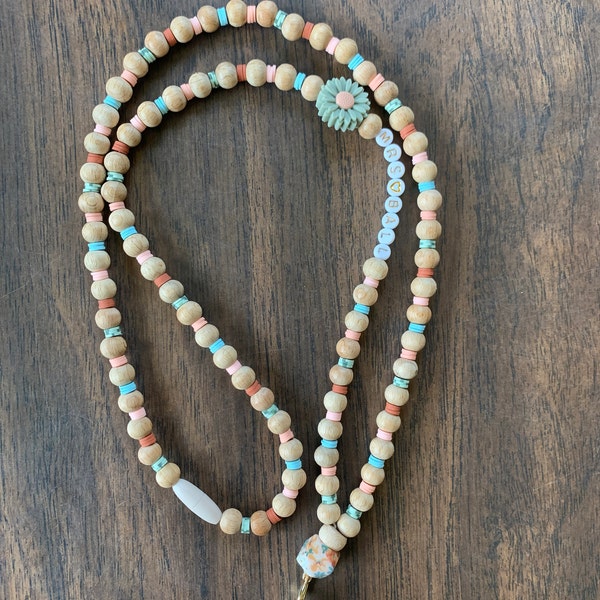 Boho Flower Wood Bead Wood Beaded Teacher Lanyard, ID Badge Keys Holder ...