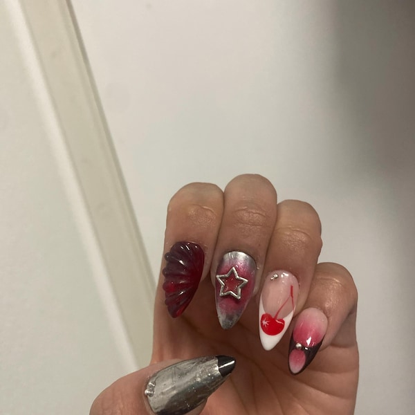 Chrome Star Press on Nails | 3D Celestial Press on Nail Art | Bold Red ...