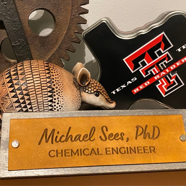 Handmade Wood & Leather Desk Name Plate, Custom - Etsy