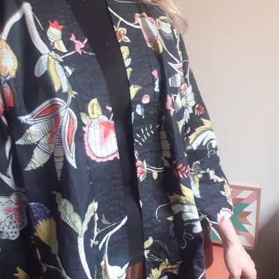 Cotton Kimono Jacket in Cream With Pink, Blue, Green and Yellow Flowers ...