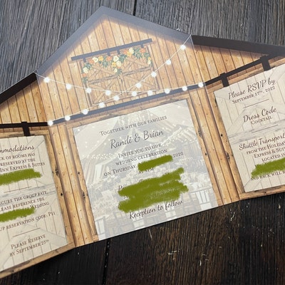 Elegant Rustic Barn Wedding Invitation With Folding Doors and Strings of Lights Barn Wedding ...