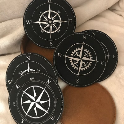 Leather Nautical Compass Coasters, Set of 6 W/ Coaster Holder,nautical ...