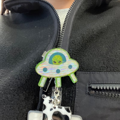 The Original UFO Alien Cow Abduction Funny Retractable Badge Reel Glow ...