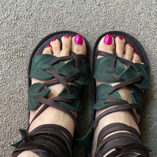 Leaf Sandals / Handmade Leather Lace up Sandals Unisex Gladiator Forest ...