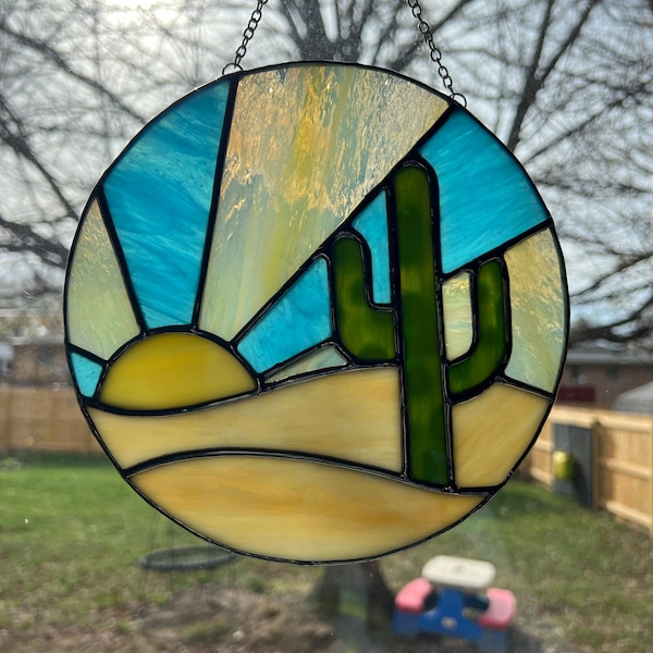 Stained Glass Pattern Desert, Stained Glass Pattern Sunrise, Digital ...