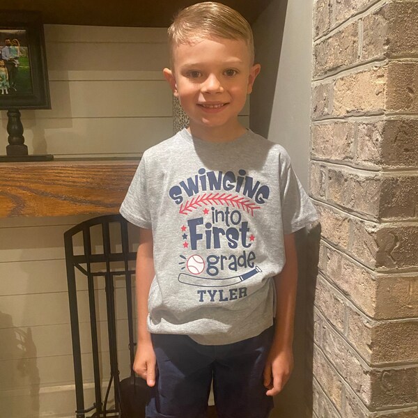 Boys 1st Grade Shirt, Swinging Into First Grade, Boys Back to School ...