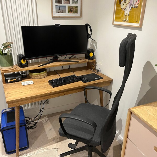 Gaming or Work Desk With Drawer, Monitor Stand, Solid Wood Scandi Retro Solid Wood Tapered Legs ...