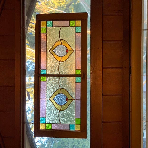 Leaded Stained Glass Panel Transom in Rustic Window Frame With Diaper ...