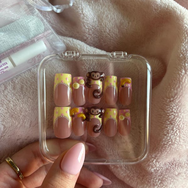 Handmade Pink and Yellow 3D Monkey Nails - Etsy