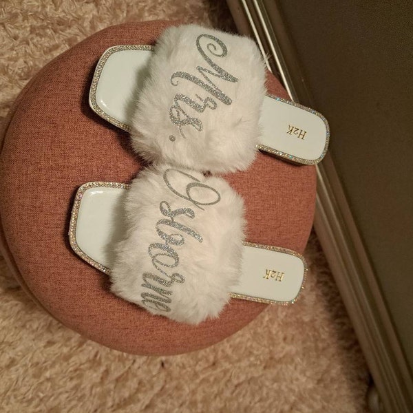 Bride Faux White Fur- Mrs. Slides, Personalized Bride Slides ...