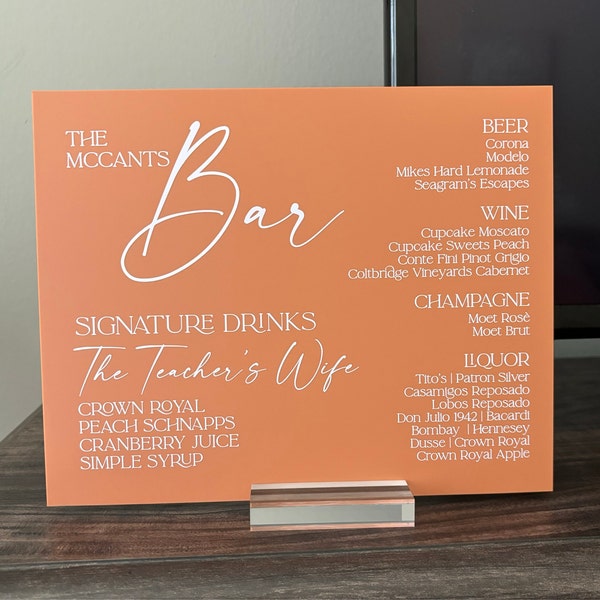 Bar Menu Signature Cocktails Custom Clear Glass Look Acrylic Wedding ...