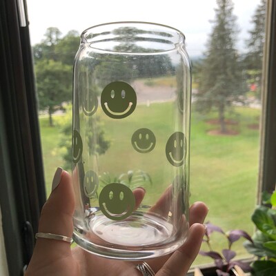 Sage Green Smiley Face Iced Coffee Glass Cup - Etsy