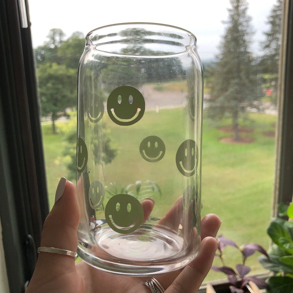 Sage Green Smiley Face Iced Coffee Glass Cup - Etsy UK