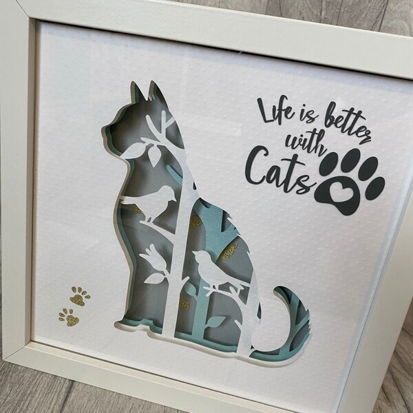 Cat Shadow Box SVG, 3d Papercut SVG, Layered Paper Art Template, Scroll ...