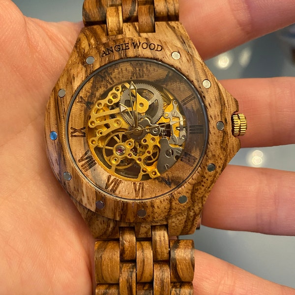 Engraved Automatic Zebrawood Men’s Watch With Gold Hands Andzebrawood ...