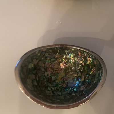 Round Laminated Mother of Pearl Bowl With Sterling Silver Trim on Rim ...