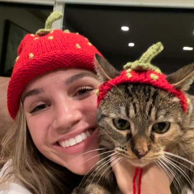 MATCHING PAIR Hand Knitted Strawberry Cat Hat With Matching Hat for ...