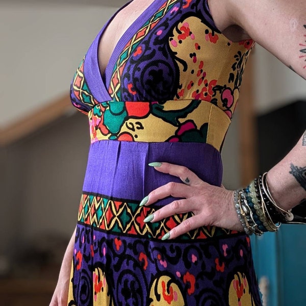 Vintage Gibi Roma Slinky Black Floral Pleated Mid Length Dress Size 8 ...