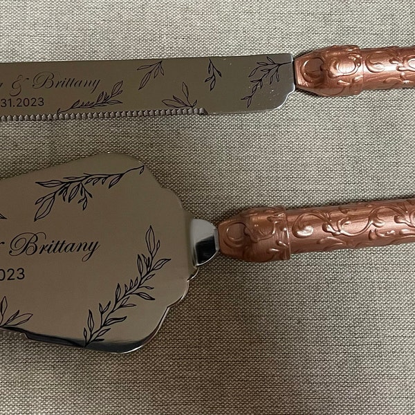 Engraved Cake Server Set Rose Gold Wedding Cake Knife Cutter ...