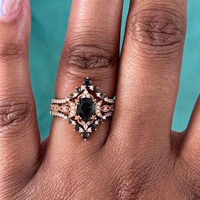 Salt and Pepper Crystal Ring 3pcs White Gold Moon Engagement Ring Black ...