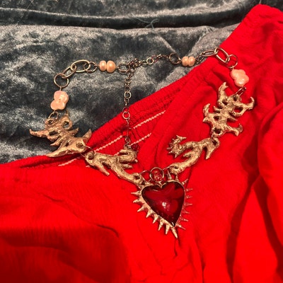 Y2k Spiky Red Heart Ribbon Necklace, Grunge Necklace, Celestial ...