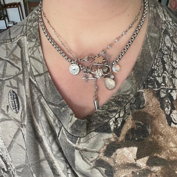 Silver Carabiner Necklace With Swarovski Crystals, Chunky Half Mesh ...