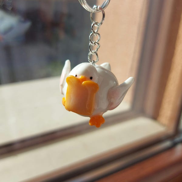 Duck With Bread Keychain, Cute Polymer Clay Figurine, Polymer Clay Duck, Handmade Clay Charm ...