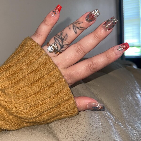 Gold Cross Gothic Fake Nails | Gothic Gold & Deep Burgundy Nail Art ...