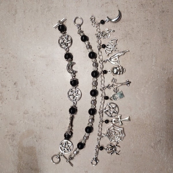 Gothic Charm Bracelet With Black Onyx - Goth Bracelet, Witchy Jewelry ...