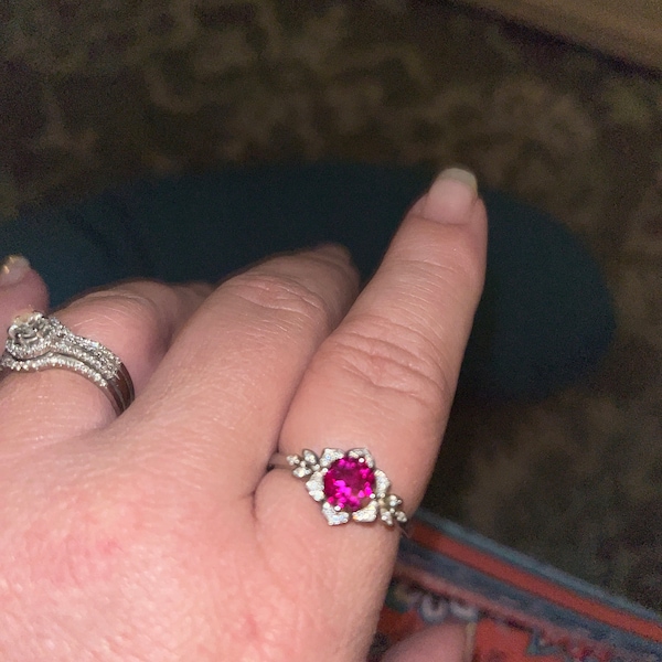Red Ruby Flower Engagement Ring Round Cut July Birthstone Ring Leaf ...