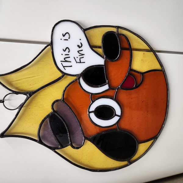 This is Fine, World on Fire Dog, Meme Humor Stained Glass Pattern ...