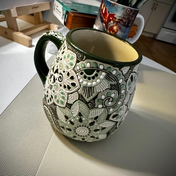 Light Green Porron 18oz Textured Ceramic Mug - Hand Painted Mug ...