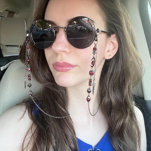 Blood Moon Gunmetal Eyeglass Chain | Czech Crystal | Red Garnet Beads ...