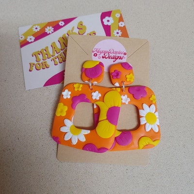 Retro Orange and White Print Slanted Rectangle Dangle Polymer Clay ...