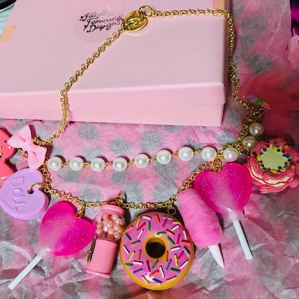 Pink Candy Necklace, Pink Charm Statement Necklace, Pink Donut Pendant ...