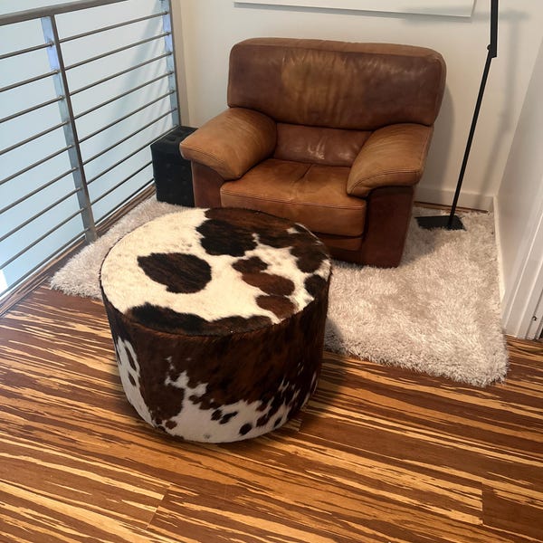 Genuine Cowhide Round Ottoman Cowhide Coffee Table Handmade Using a ...
